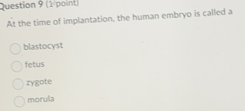 Solved: At the time of implantation, the human embryo is called a ...