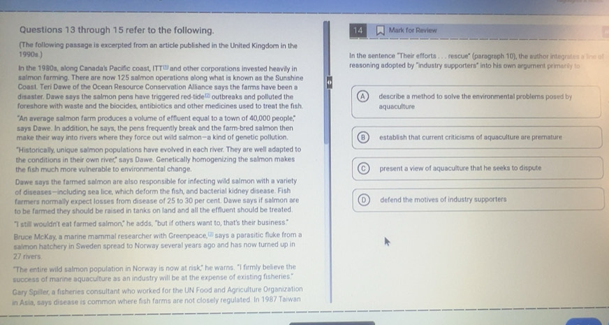 Solved: through 15 refer to the following. 14 Mark for Review (The ...