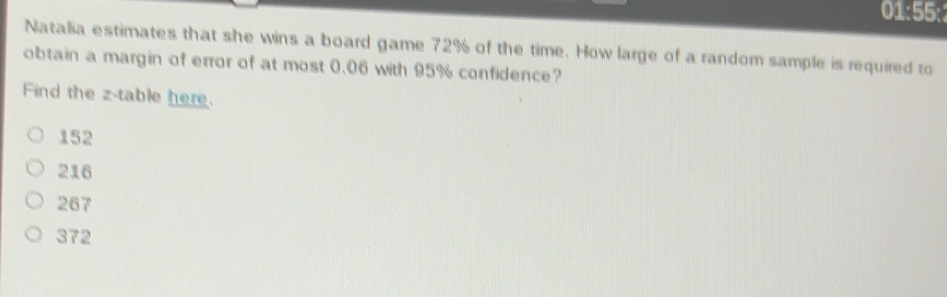 Solved: 01:55: Natalia estimates that she wins a board game 72% of the ...