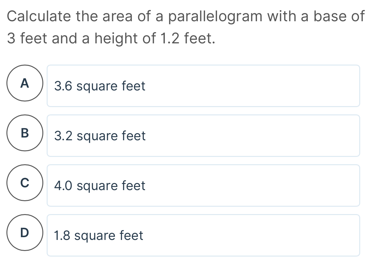 Solved: Calculate the area of a parallelogram with a base of 3 feet and ...