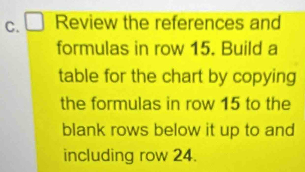 Solved: Review the references and formulas in row 15. Build a table for the chart by copying th ...