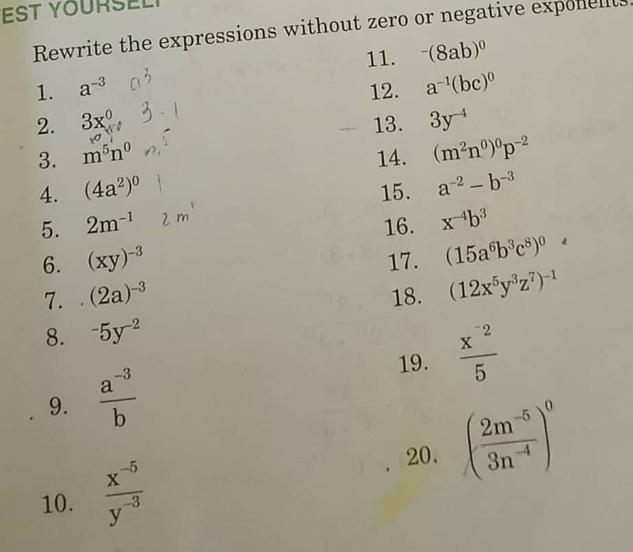 Solved: EST YOURSEL Rewrite the expressions without zero or negative ...