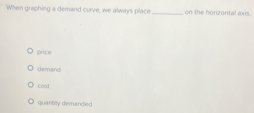 Solved: When graphing a demand curve, we always place _on the ...