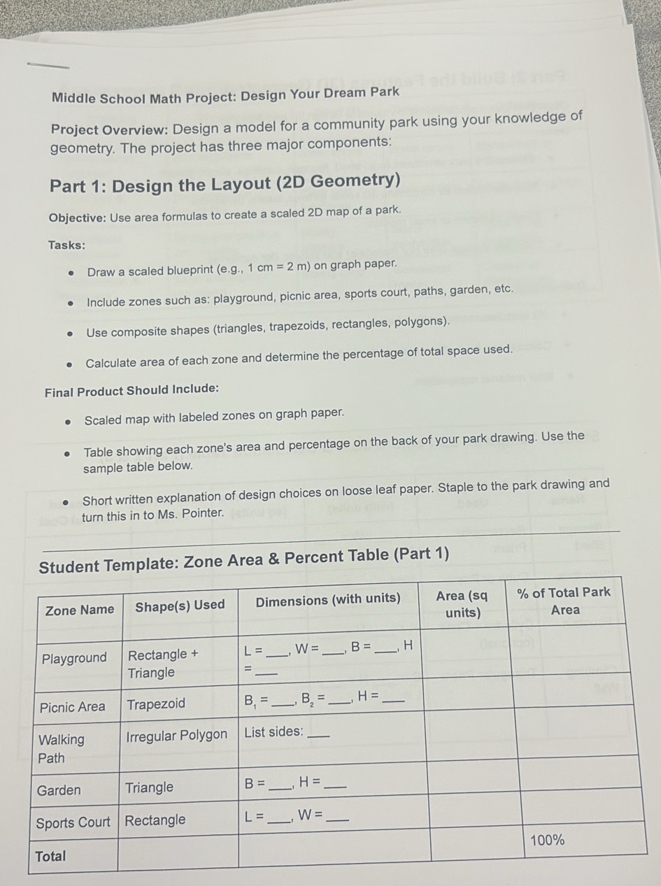 Solved: Middle School Math Project: Design Your Dream Park Project ...