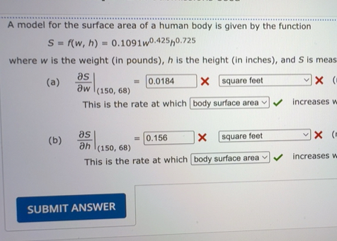Solved: A model for the surface area of a human body is given by the ...