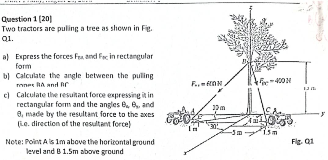 Solved: [20] Two tractors are pulling a tree as shown in Fig. Q1. a) Express the forces F_BA and ...