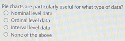 Solved: Pie charts are particularly useful for what type of data? Nominal level data Ordinal ...