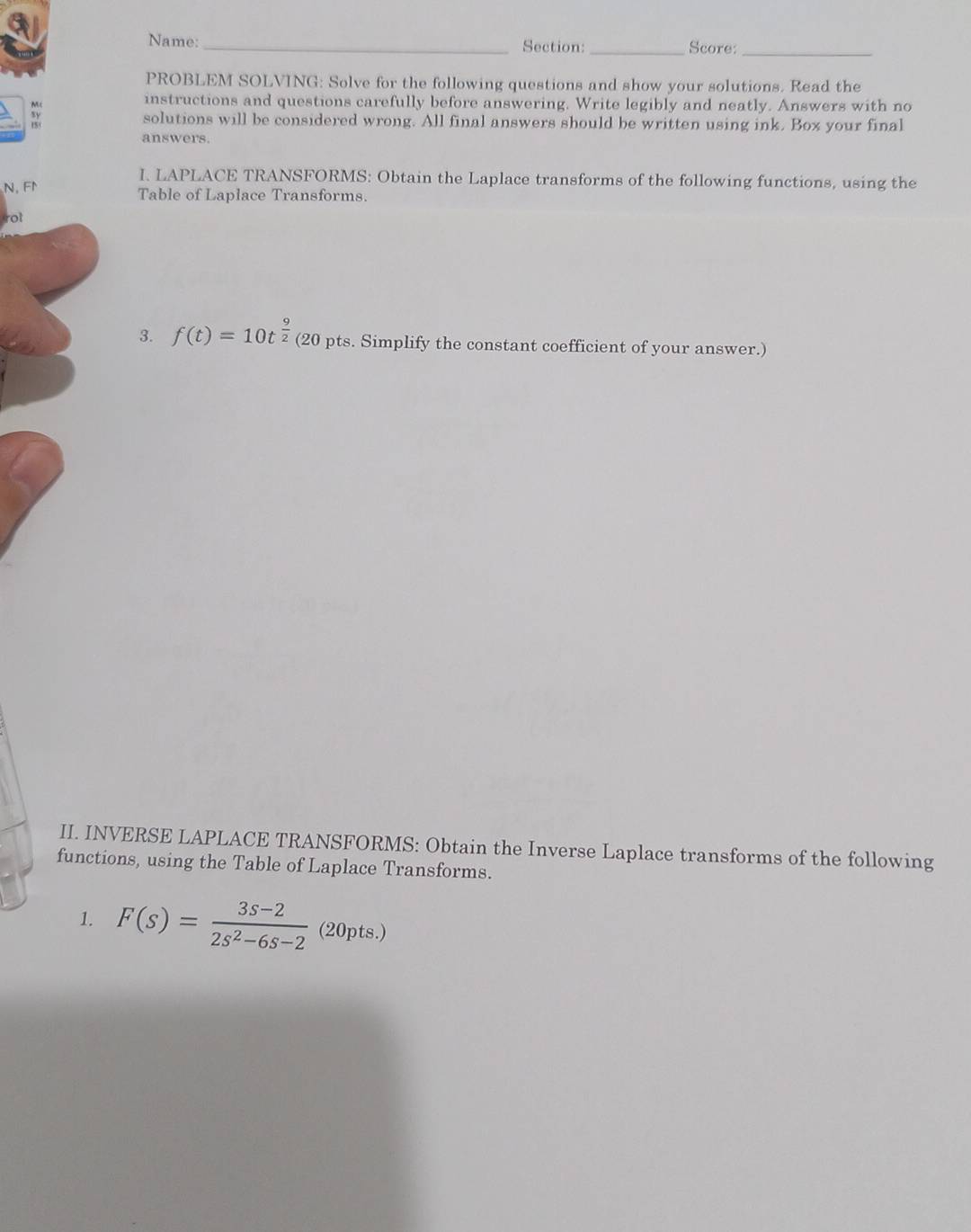 Solved: Name: _Section: _Score:_ PROBLEM SOLVING: Solve for the ...