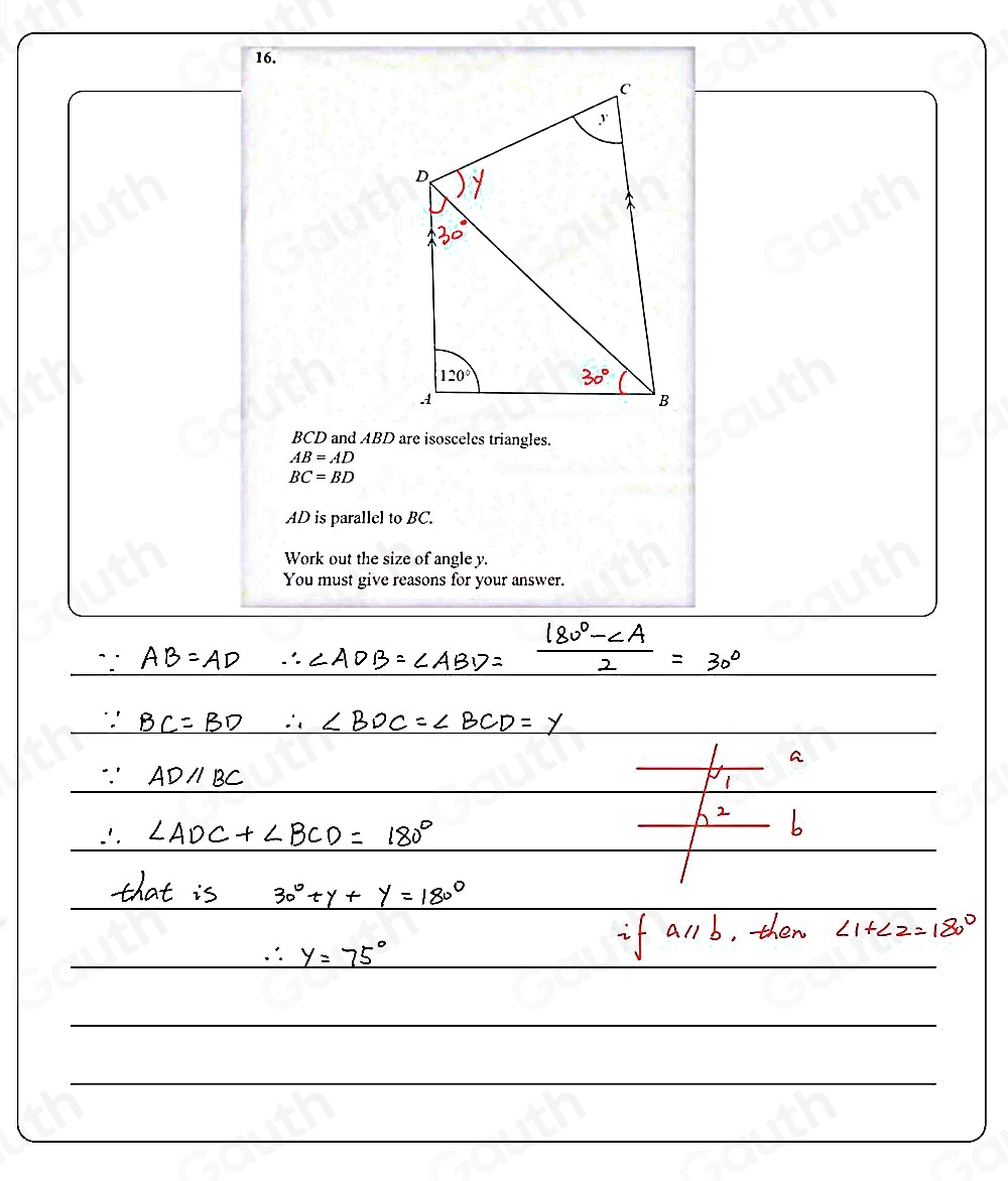 Solved: BCD and ABD are isosceles triangles. AB=AD BC=BD AD is parallel to BC. Work out the size ...