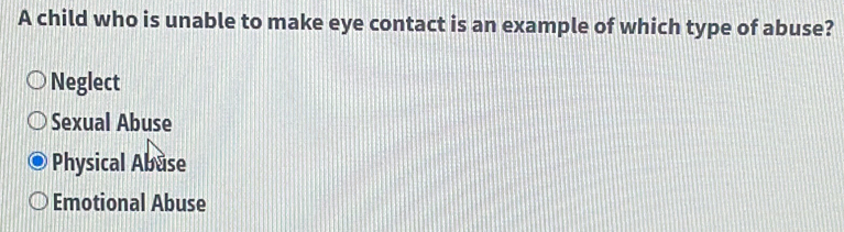 Solved: A child who is unable to make eye contact is an example of ...