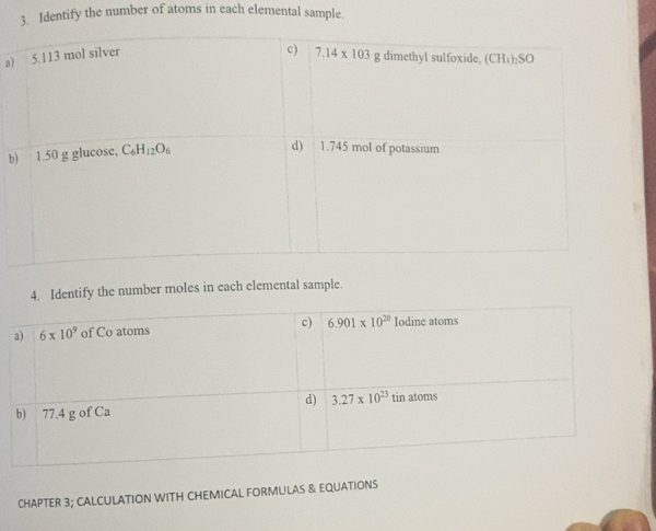 Selesai:Identify the number of atoms in each elemental sample. a) b 4 ...