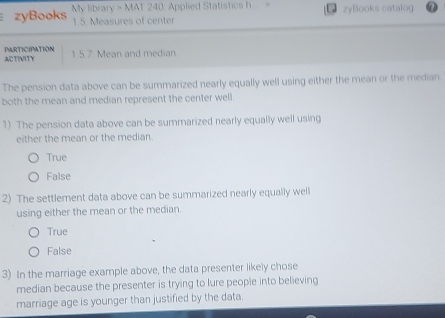 Solved: zyBooks My library > MAT 240: Applied Statistics h > zyBooks ...