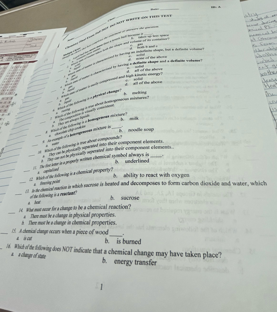 Résolu :Date:_ ID: A Chass: Chemistry Final Exam Fall 2025 DO NOT WRITE ...