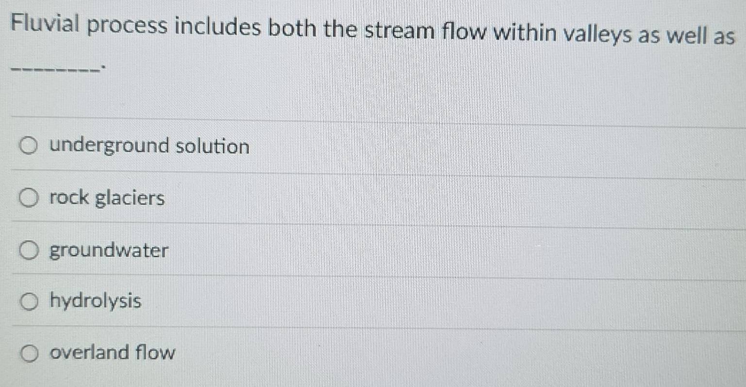 Solved: Fluvial process includes both the stream flow within valleys as ...