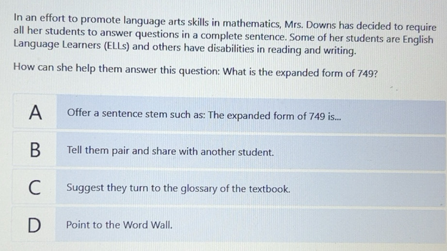 Solved: In an effort to promote language arts skills in mathematics ...