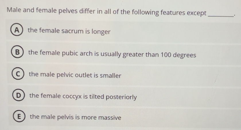 Solved: Male and female pelves differ in all of the following features ...