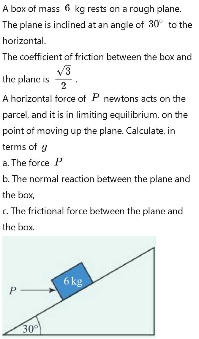Solved: A box of mass 6 kg rests on a rough plane. The plane is inclined at an angle of 30° to ...