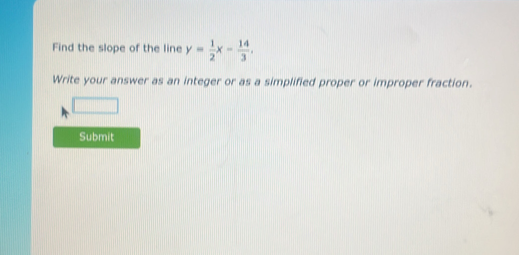 Solved: Find the slope of the line y= 1/2 x= 14/3 , Write your answer ...