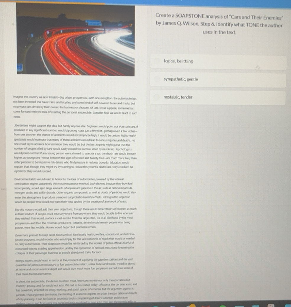 Solved: Create a SOAPSTONE analysis of “Cars and Their Enemies” by ...