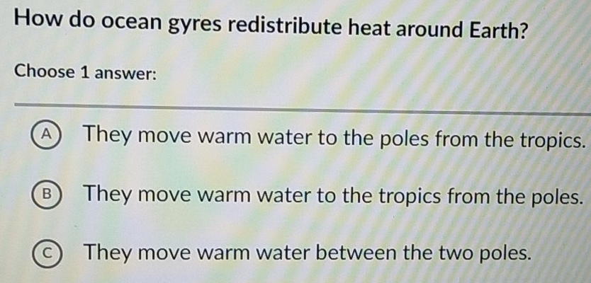Solved: How do ocean gyres redistribute heat around Earth? Choose 1 ...
