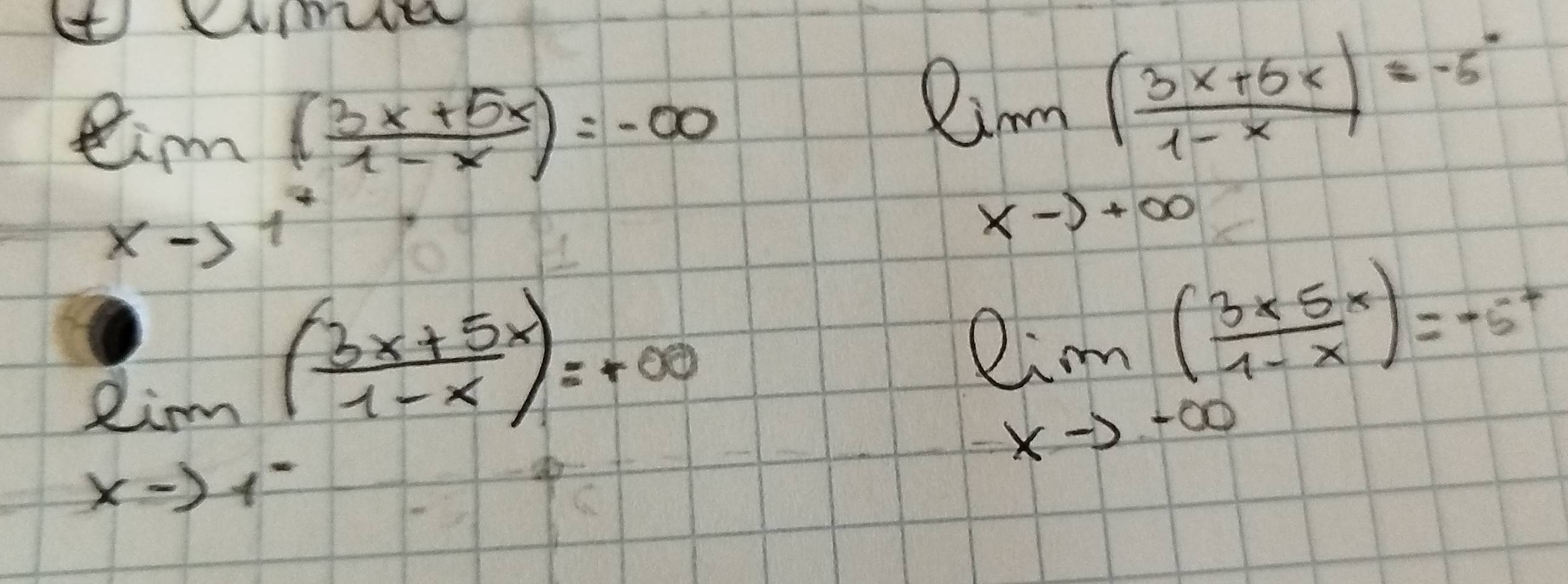Risolto:mue lim _xto 1^+( (3x+5x)/1-x )=-∈fty limlimits _xto +∈fty ...