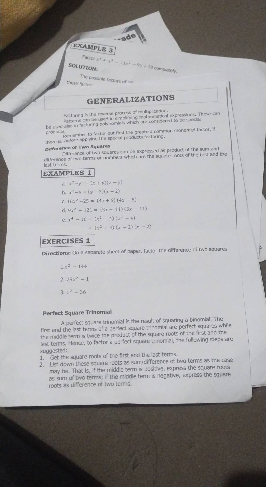 Solved: de EXAMPLE 3 Factor x^4+x^3-11x^2-9x+18 completely. SOLUTION ...