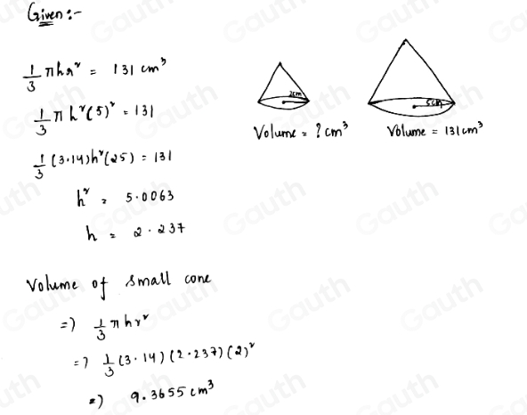 Solved: These cones are similar. Find the volume of the smaller cone. Round to the nearest tenth ...