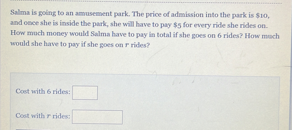 Salma is going to an amusement park. The price of admission into the ...