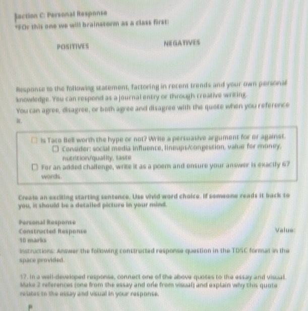 Solved: Saction C: Personal Response *FOr this one we will brainstorm ...