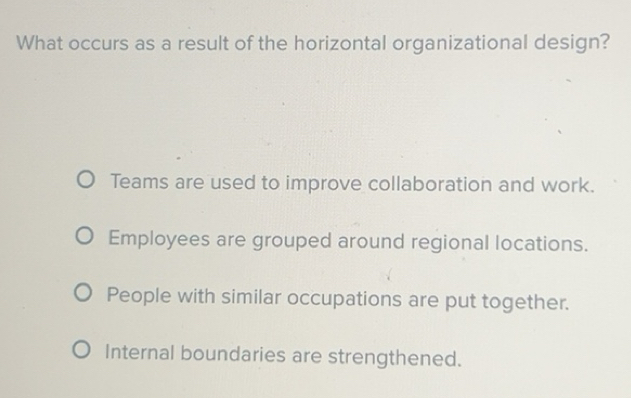 Solved: What occurs as a result of the horizontal organizational design ...