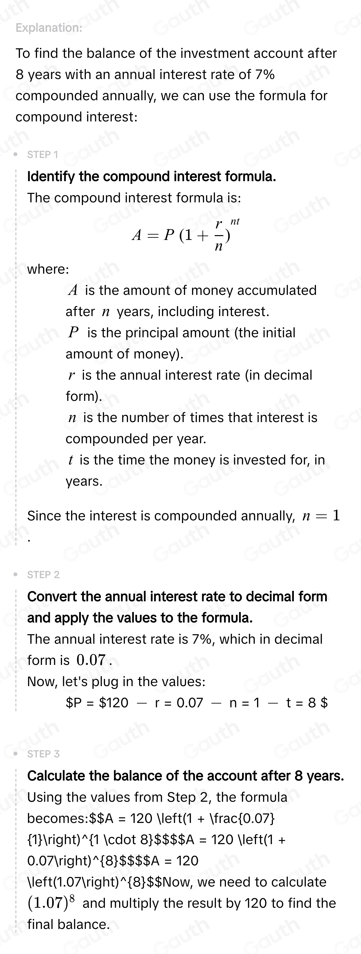 Solved: You deposit $120 in an investment account that earns 7% annual ...
