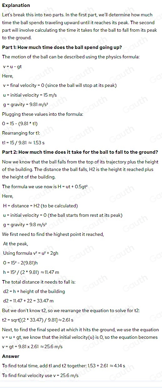 Solved: A ball is thrown vertically upward with a velocity of 15m/s from the roof of a building ...