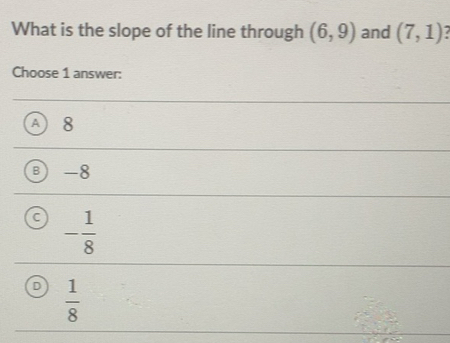 Solved: What is the slope of the line through (6,9) and (7,1) Choose 1 ...
