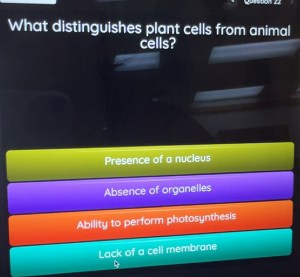 Solved: etion 22 What distinguishes plant cells from animal cells ...