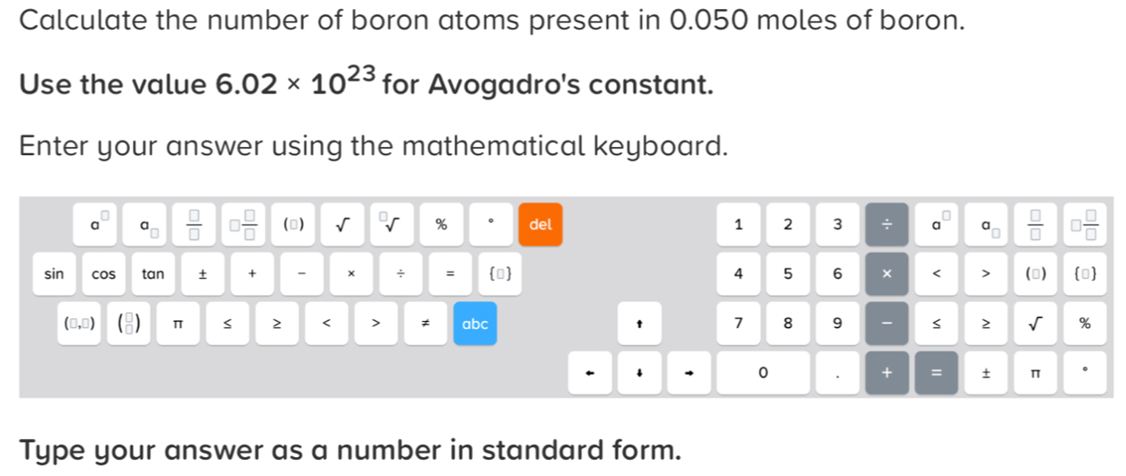 Solved: Calculate the number of boron atoms present in 0.050 moles of ...