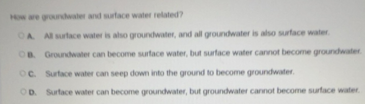 Solved: How are groundwater and surface water related? A. All surface ...