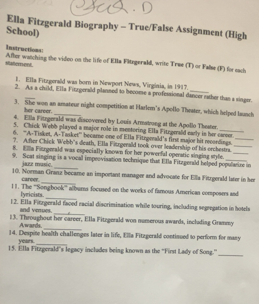 Gelöst:Ella Fitzgerald Biography - True/False Assignment (High School ...