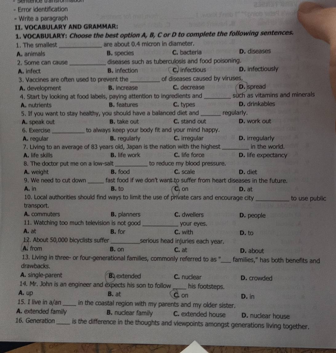Giải quyết:Error identification - Write a paragraph II. VOCABULARY AND ...