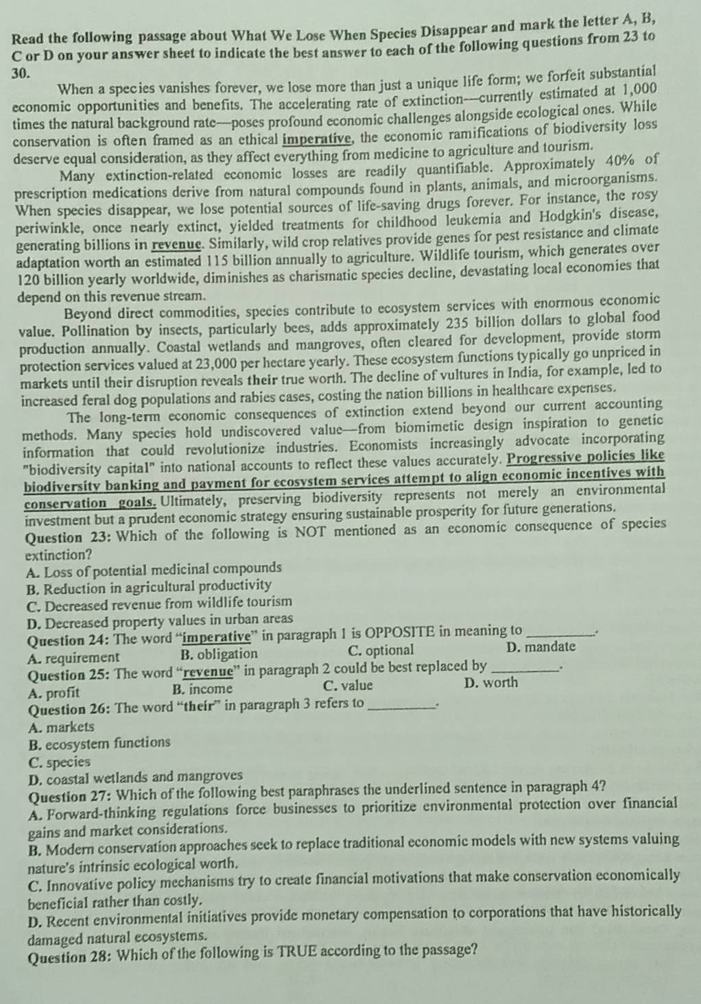 Giải quyết:Read the following passage about What We Lose When Species ...