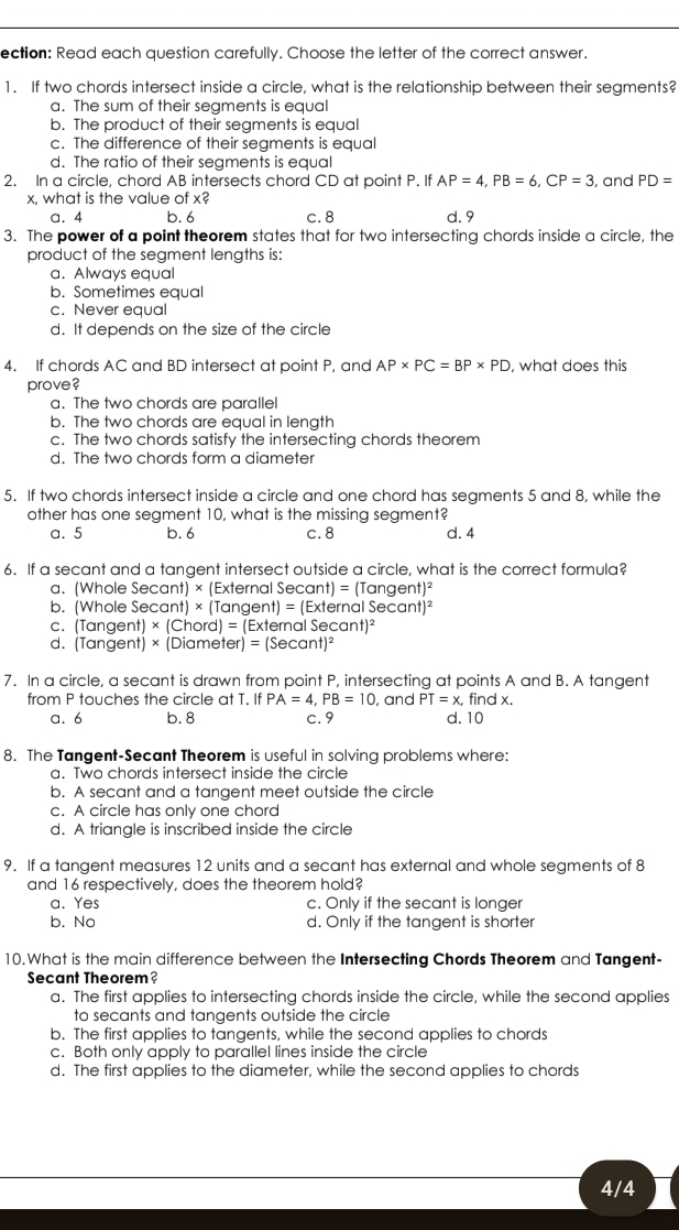 Solved: ection: Read each question carefully. Choose the letter of the ...