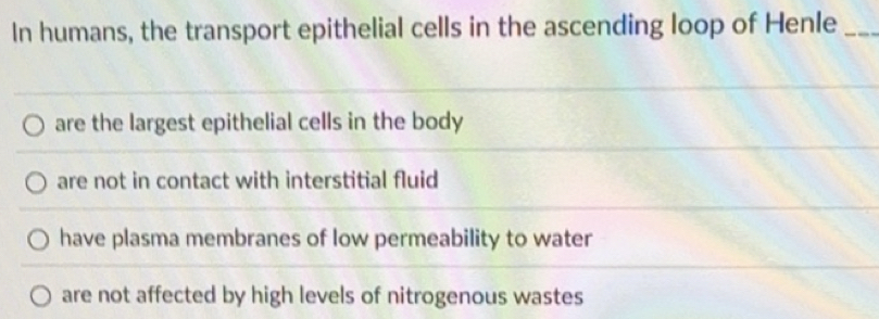 Solved: In humans, the transport epithelial cells in the ascending loop ...