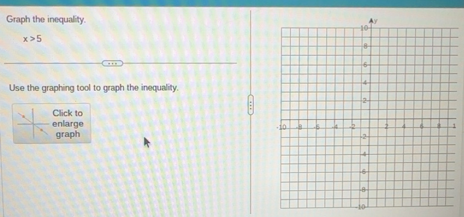 Solved: Graph the inequality. x>5 Use the graphing tool to graph the inequality. Click to enlarg ...