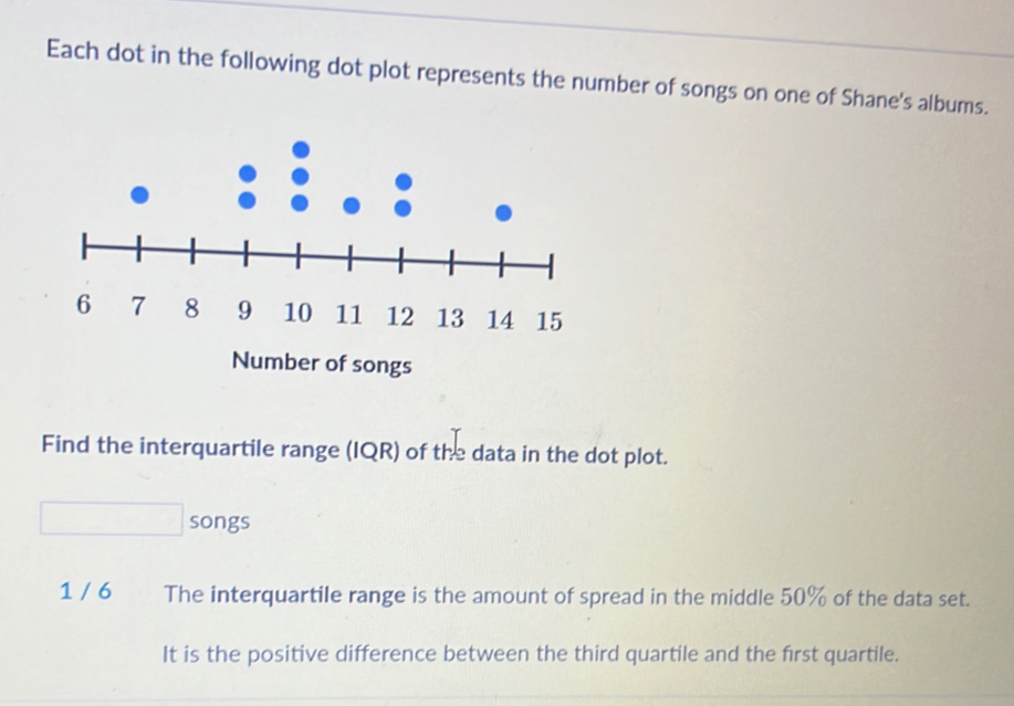 Each dot in the following dot plot represents the number of songs on ...