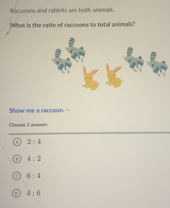 Solved: Raccoons and rabbits are both animals. What is the ratio of ...