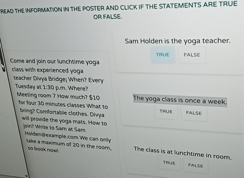 Resuelto:READ THE INFORMATION IN THE POSTER AND CLICK IF THE STATEMENTS ...