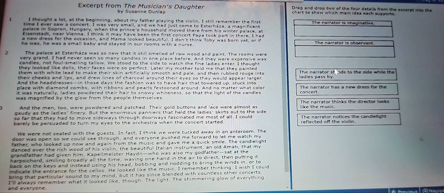 Solved: Excerpt from The Musician’s Daughter Drag and drop two of the ...