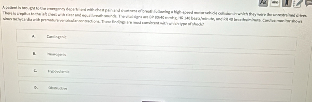 Solved: Aa abc A patient is brought to the emergency department with ...