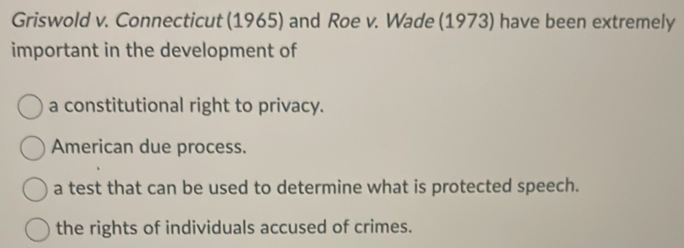 Solved: Griswold v. Connecticut (1965) and Roe v. Wade (1973) have been ...