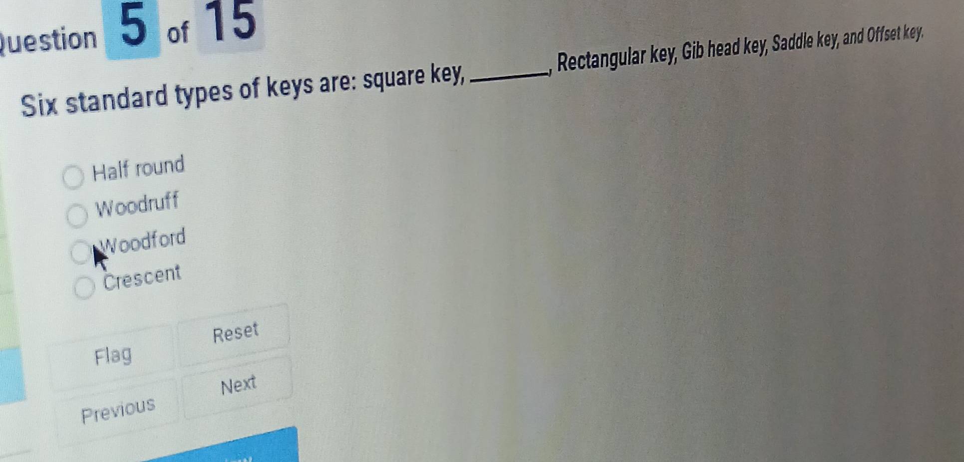 Solved: uestion 5 of 15 Six standard types of keys are: square key ...