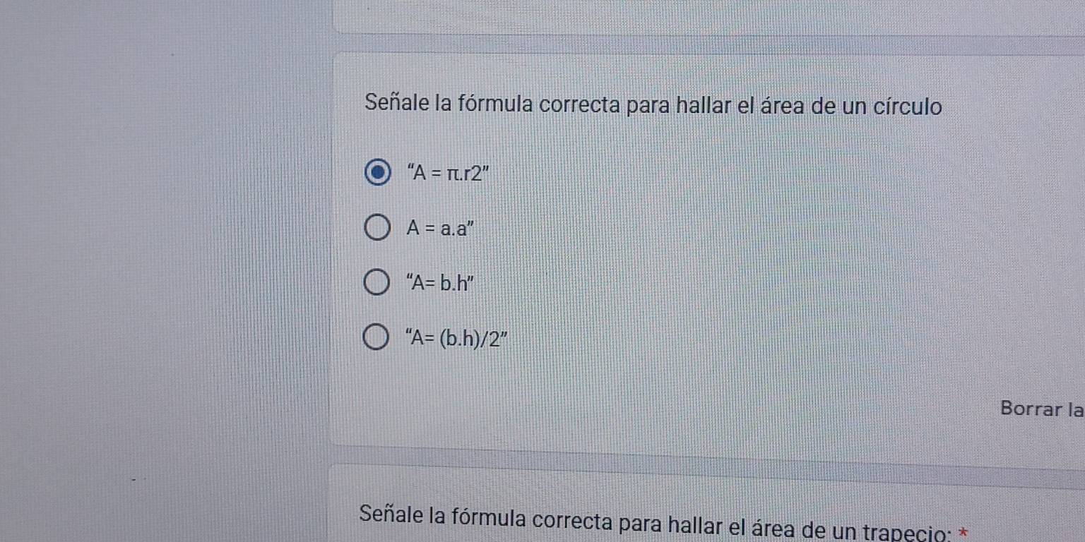 Resuelto:Señale la fórmula correcta para hallar el área de un círculo ...